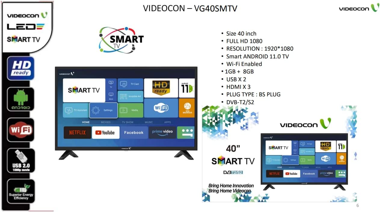 Videocon 40 Inch Smart TV Full HD Android 11 Google Play, Netflix, YouTube -1 Years Full Warranty.